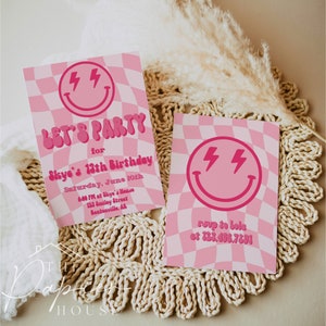 SMILEY Retro Birthday Invitation Template | Retro Hot Pink Smile Face ...