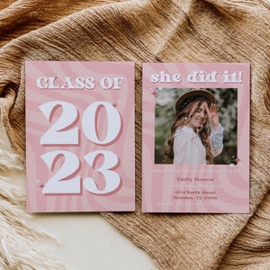 Groovy Pink Graduation Announcement Template | Retro Graduation Invite ...