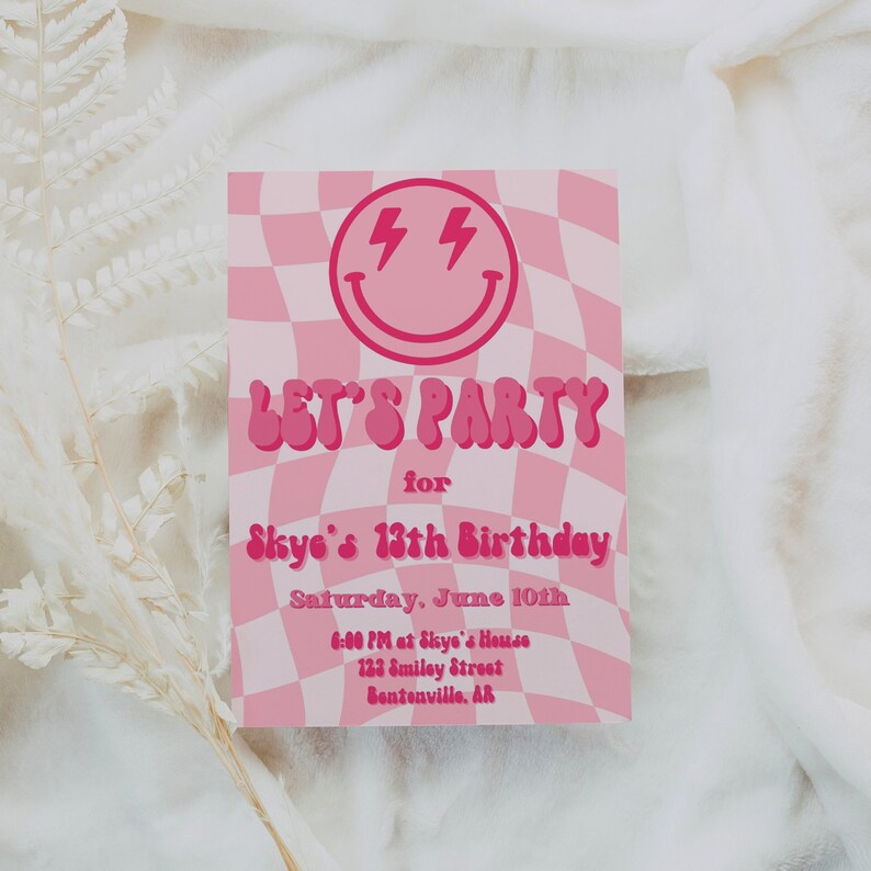 SMILEY Retro Birthday Invitation Template | Retro Hot Pink Smile Face ...