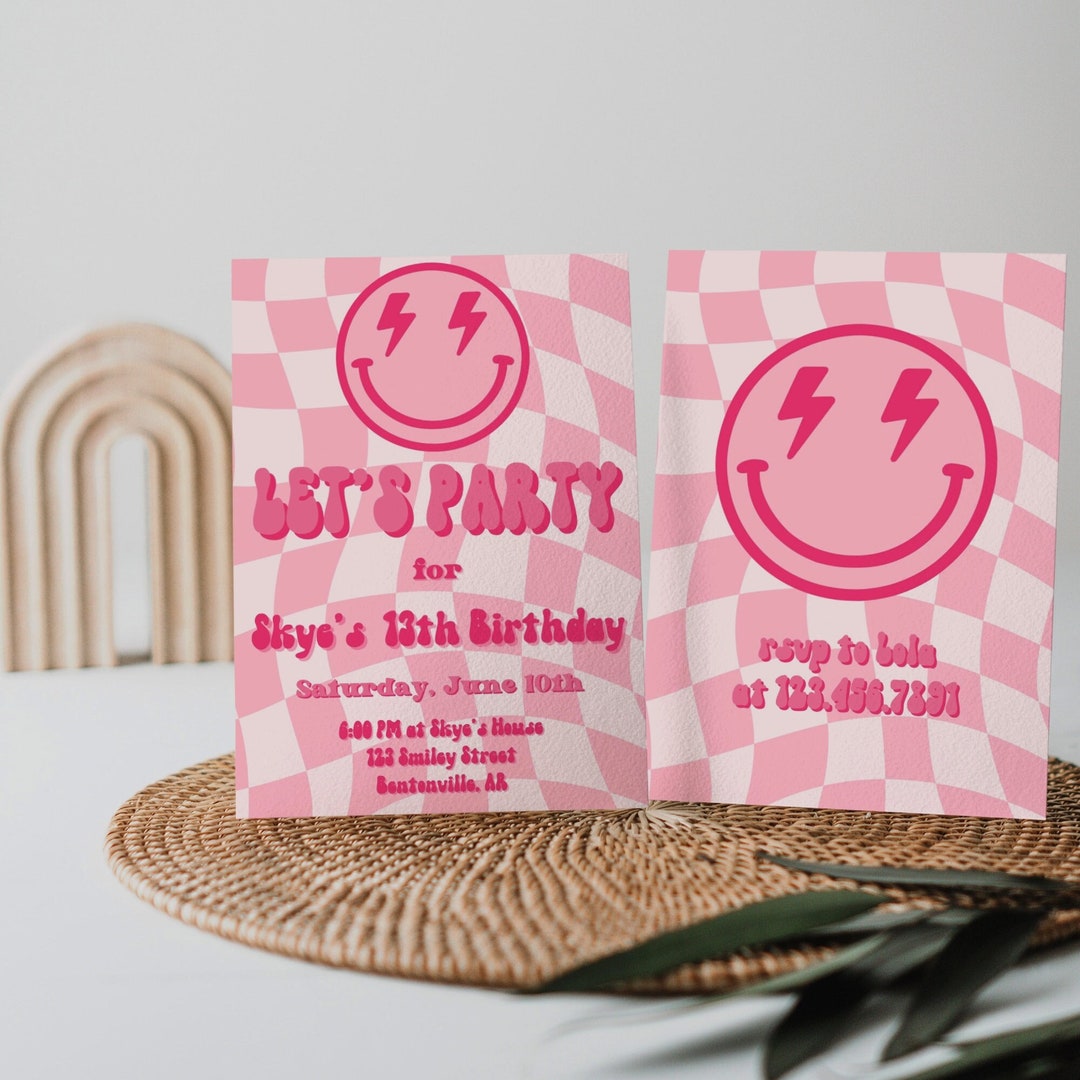 SMILEY Retro Birthday Invitation Template | Retro Hot Pink Smile Face ...