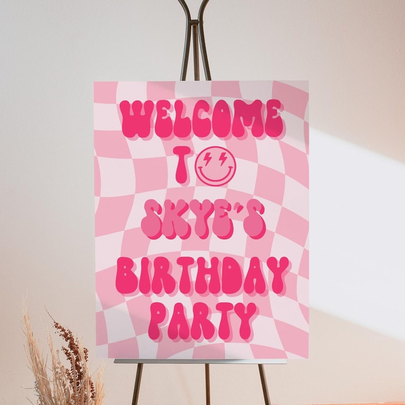 Editable SMILEY Welcome Sign Template | Retro Pink Smile Face Welcome ...