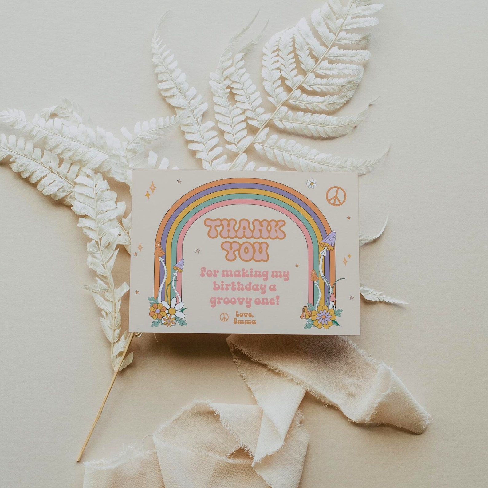 GROOVY ONE Birthday Thank You Card Template | Retro Thank You Note ...