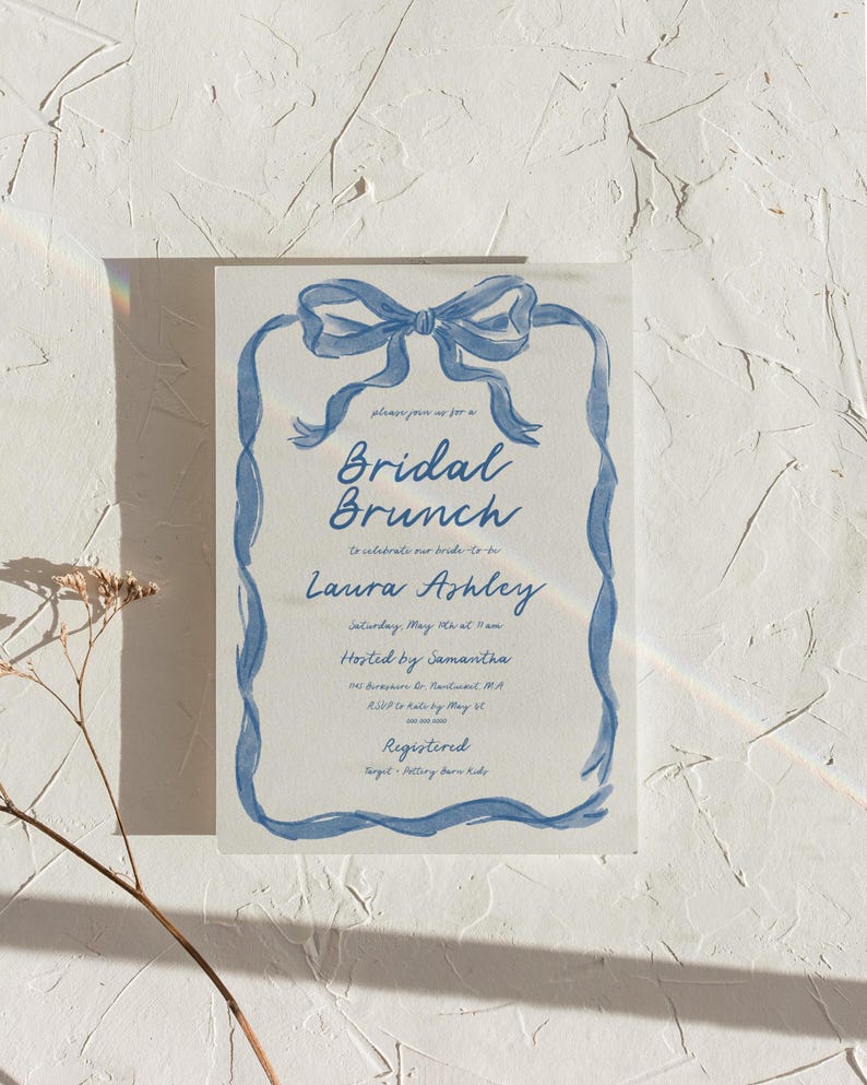 Vintage Blue Bow Bridal Brunch Invitation Template | Coastal Bow Frame ...