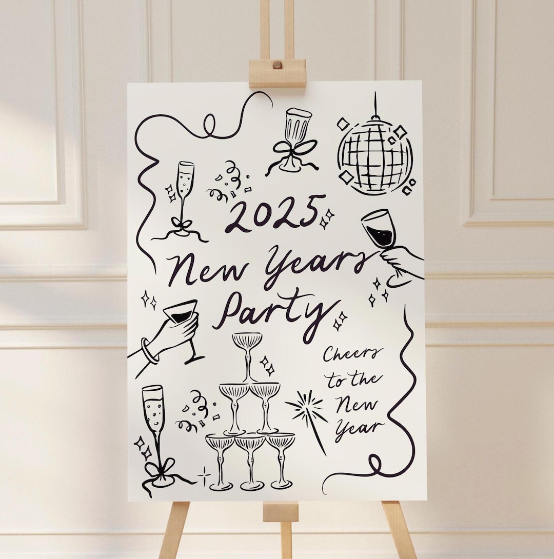 New Years Eve Party Welcome Sign 18x24 Hand Drawn, Whimsical New Year ...