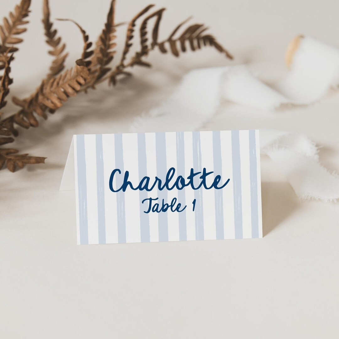 Editable Place Card Template, Coastal Beach Wedding, Blue White Striped ...