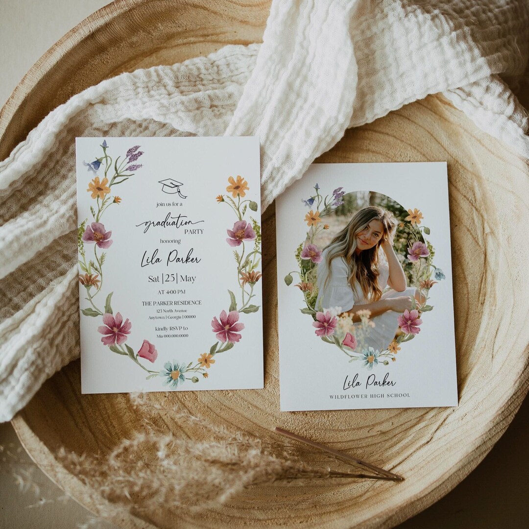 Wildflower Graduation Invitation Template | Oval Photo Grad Invite ...