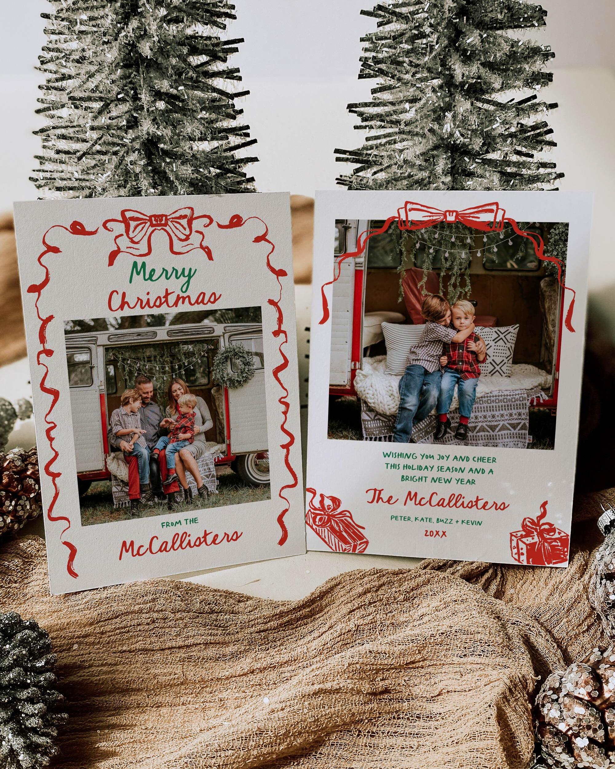 Photo Christmas Bow Frame Card Editable Template | Family Photo Card ...