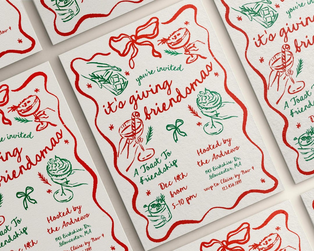 Its Giving Friendsmas Party Invitation Hand Drawn Template | Christmas ...