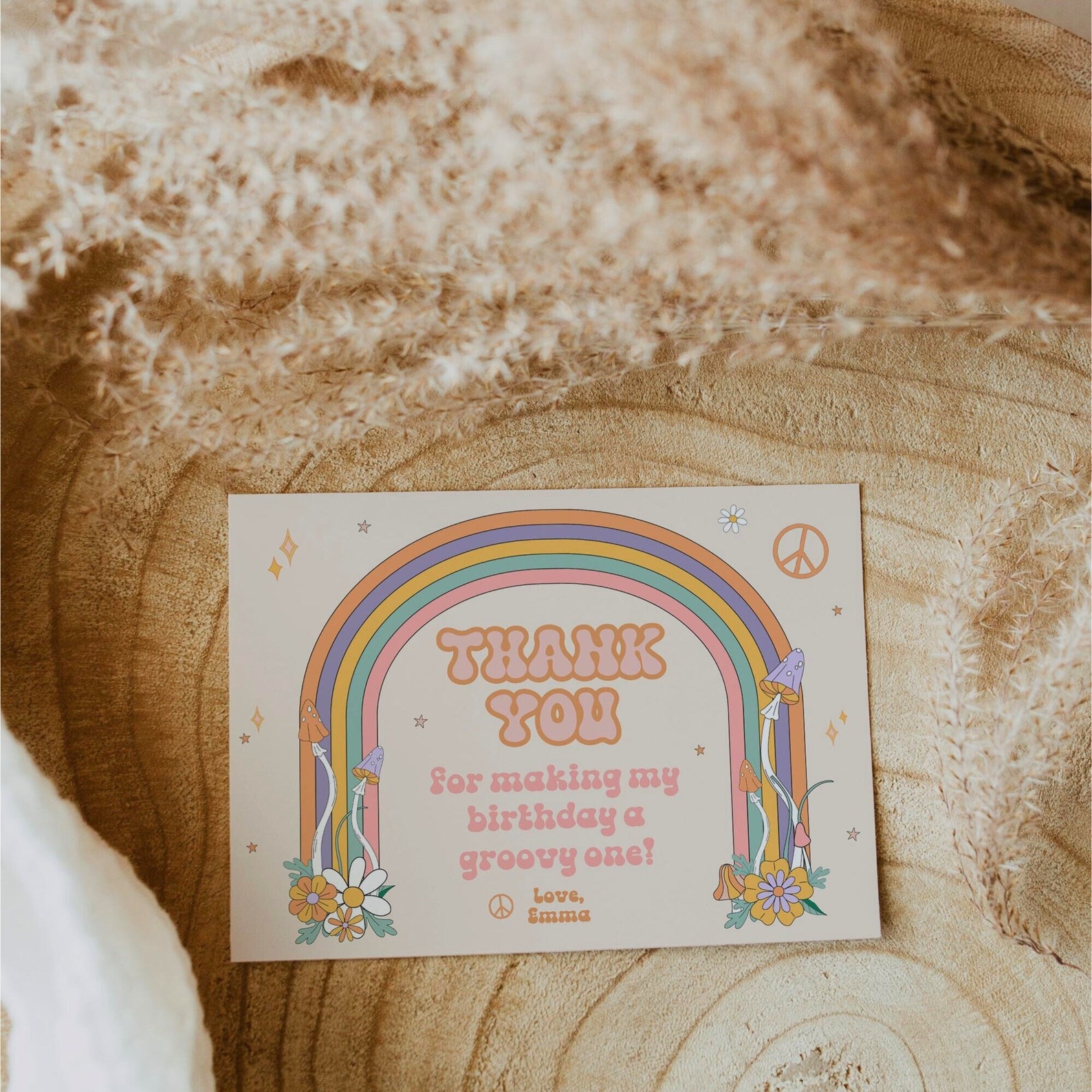 GROOVY ONE Birthday Thank You Card Template Retro Thank You Note Cards ...