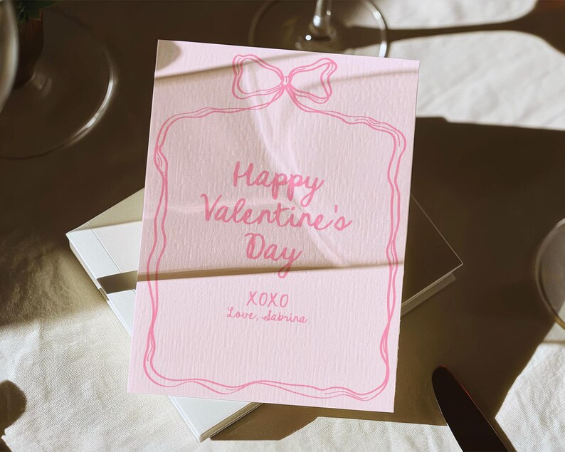 Coquette Ribbon Bow Valentines Day Card | Hand Drawn Card Template ...