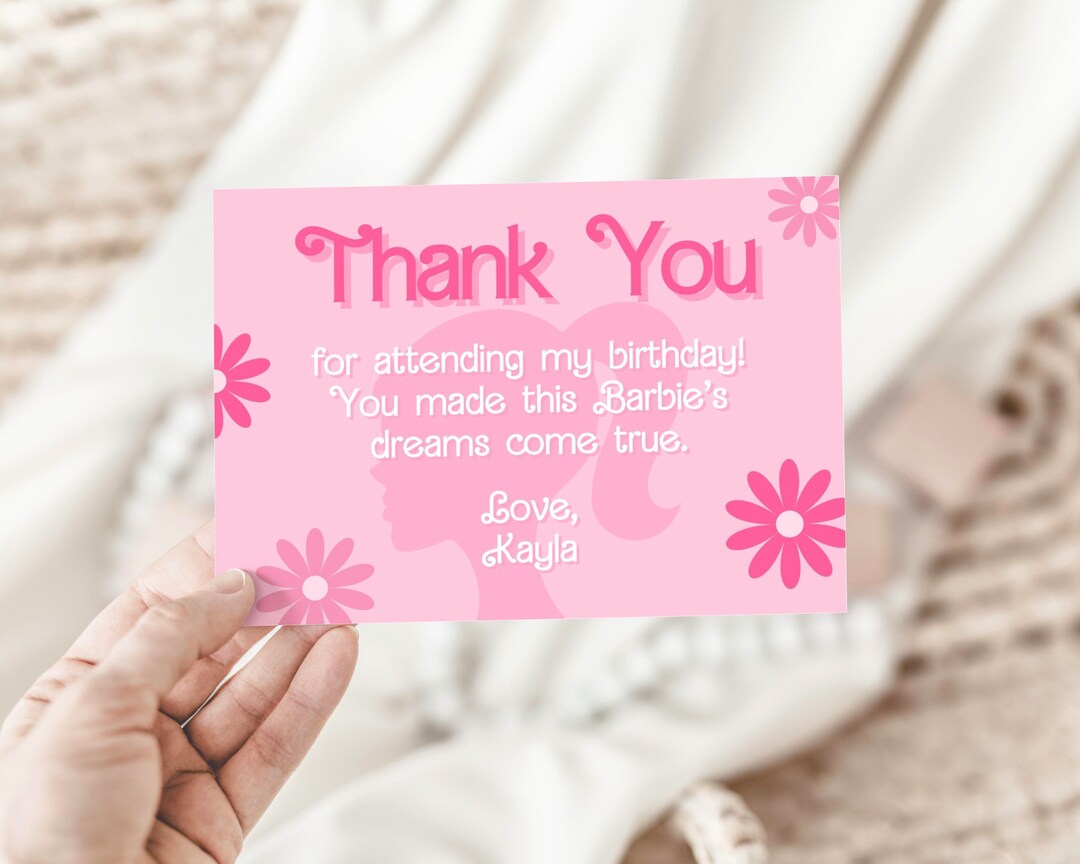Retro Flowers Barb Thank You Card Template Pink Barb Doll Thank You ...