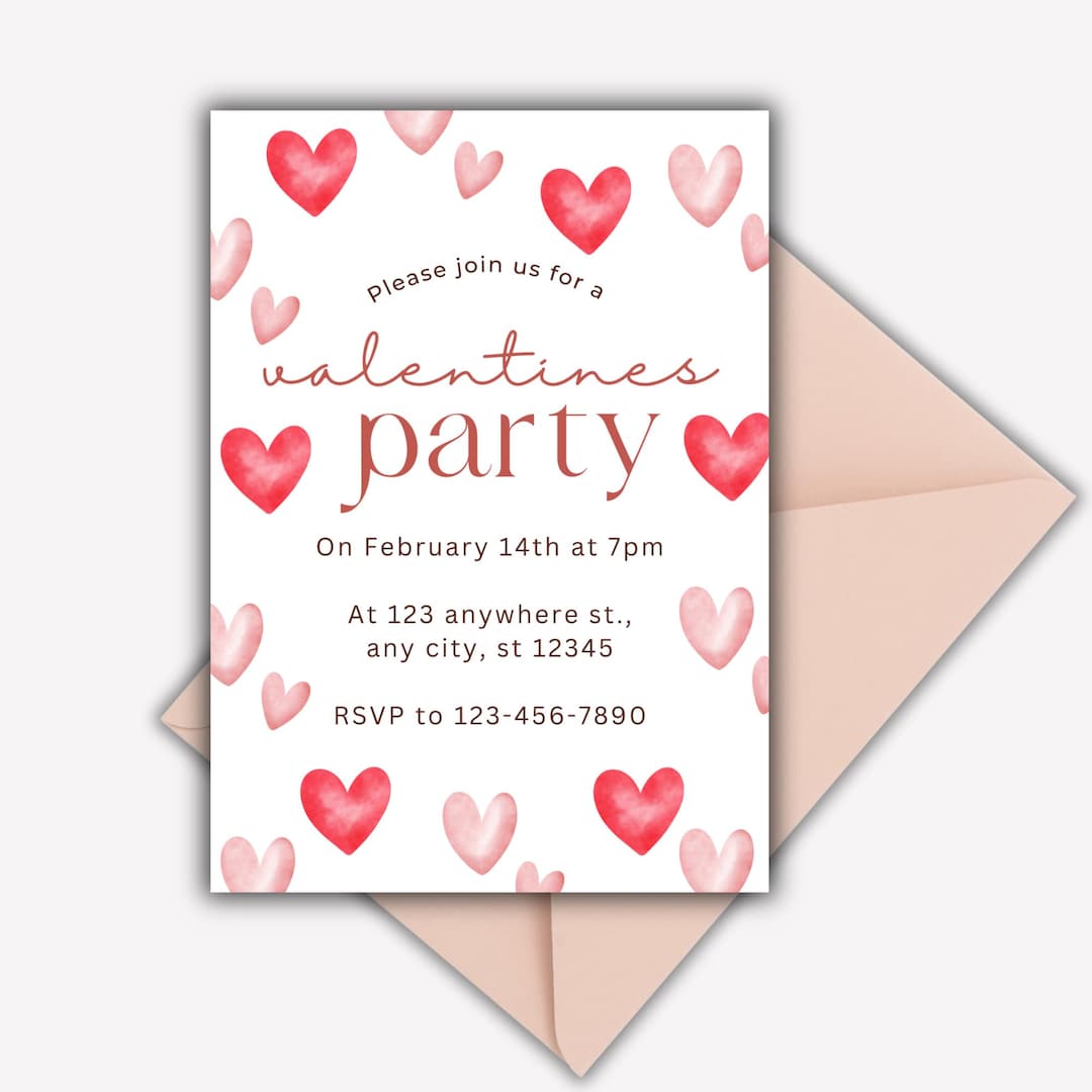 Heart Valentine Party Invitation, Digital Valentine’s Day Invite, Pink ...