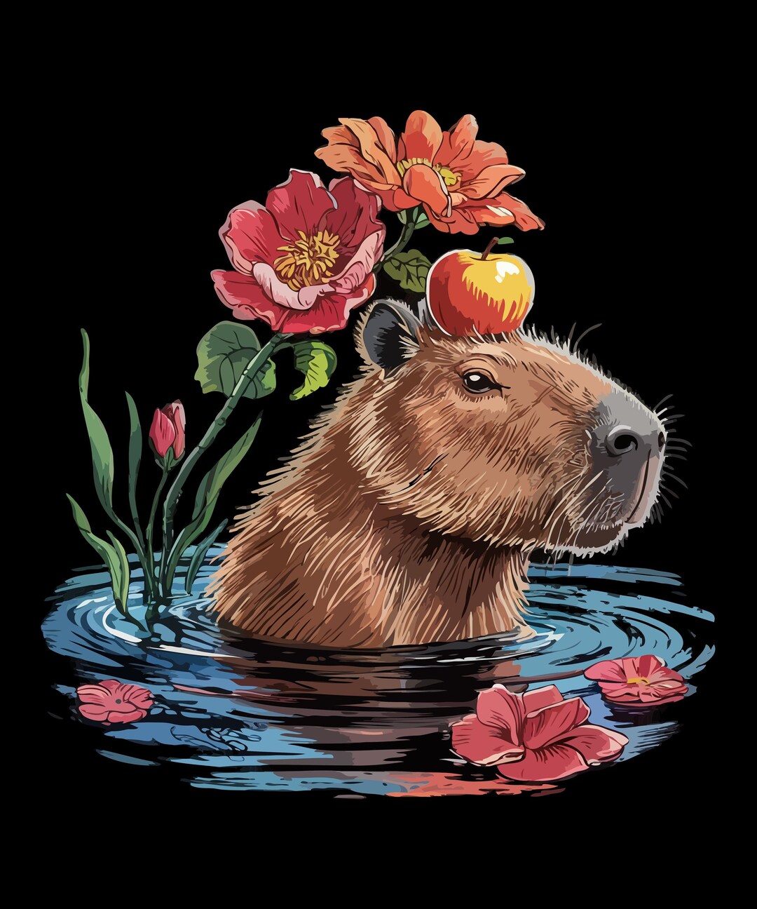 Funny Capybara PNG – Cute Capybara With Flowers Clipart, Playful Zen ...