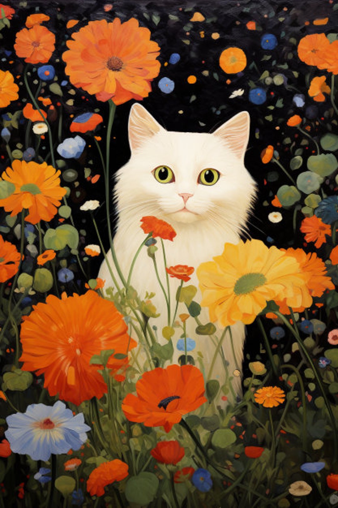 Gustav Klimt Garden Cat Art Print, Floral White Cat Poster (digital ...
