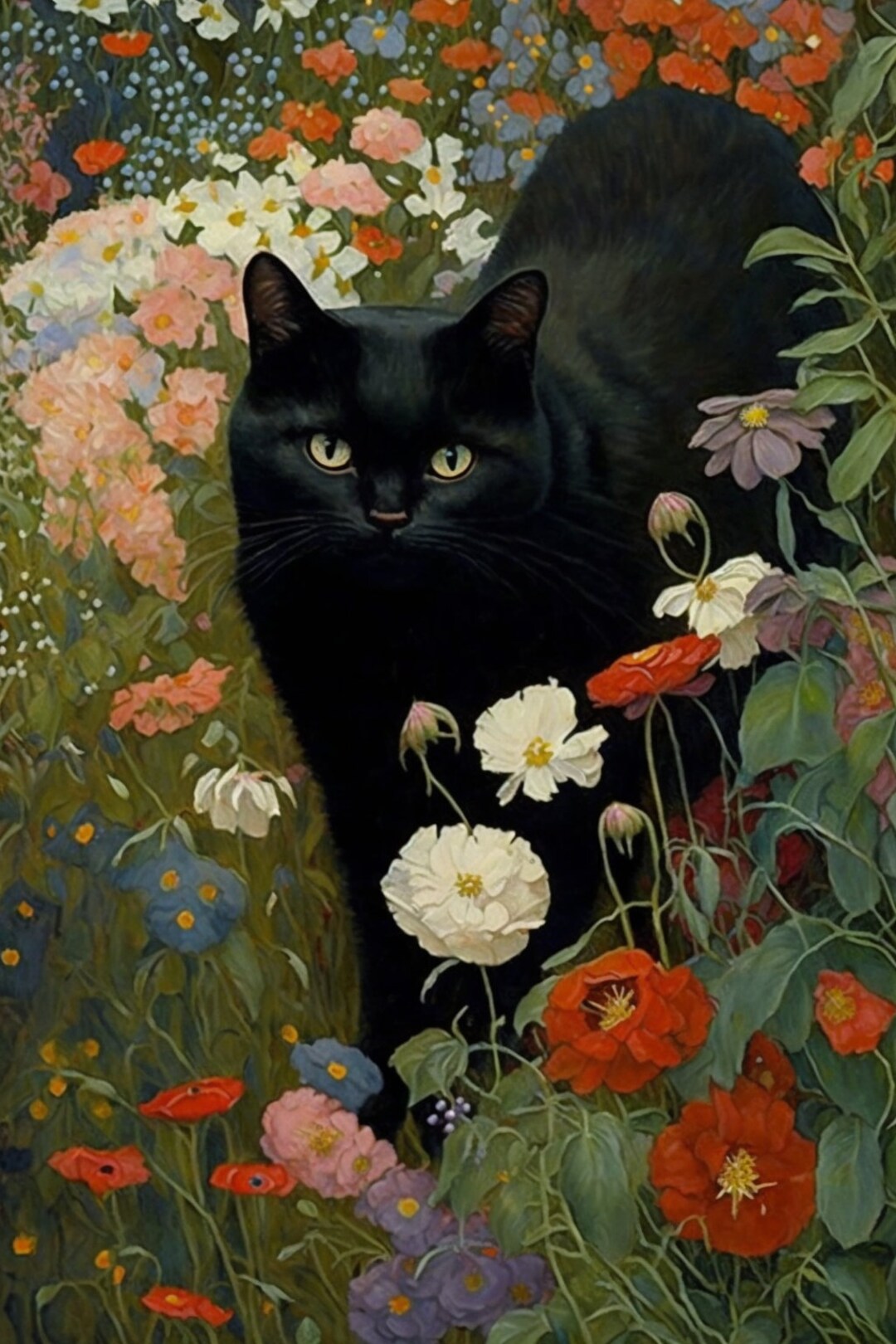 Gustav Klimt Garden Cat Print, Klimt Flowers Cat Poster, Black Cat Art ...