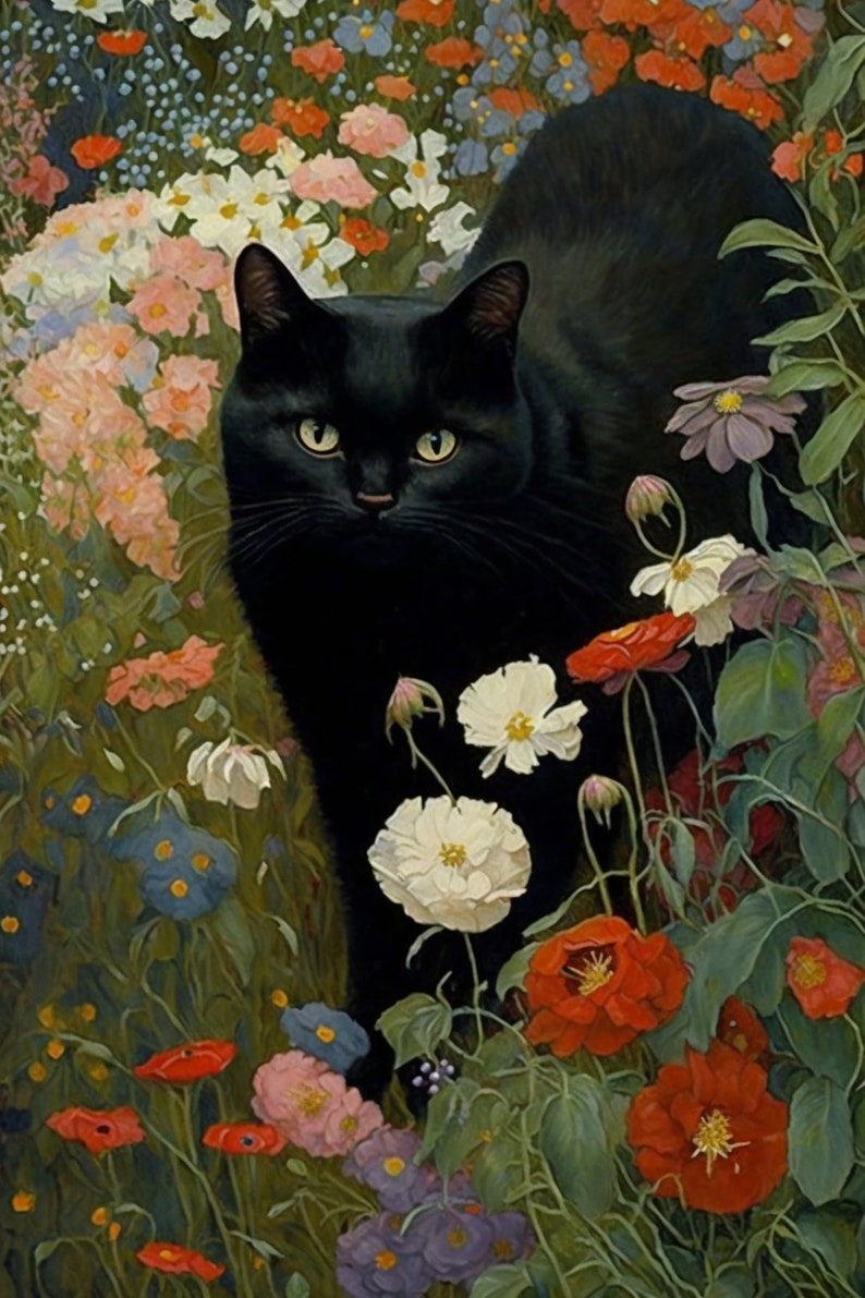 Gustav Klimt Garten Katze Poster, Klimt Blumen Katze Poster, schwarze ...