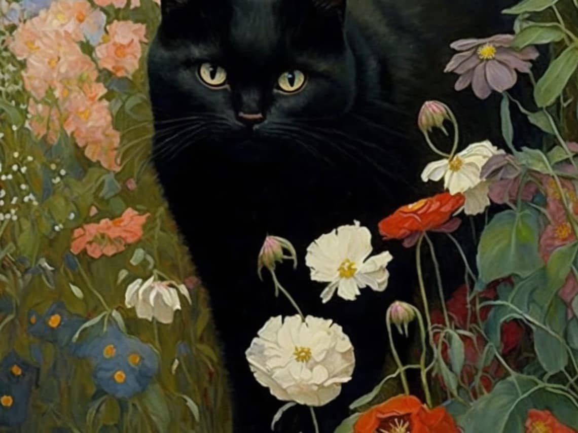 Gustav Klimt Garden Cat Print Klimt Flowers Cat Poster Black - Etsy