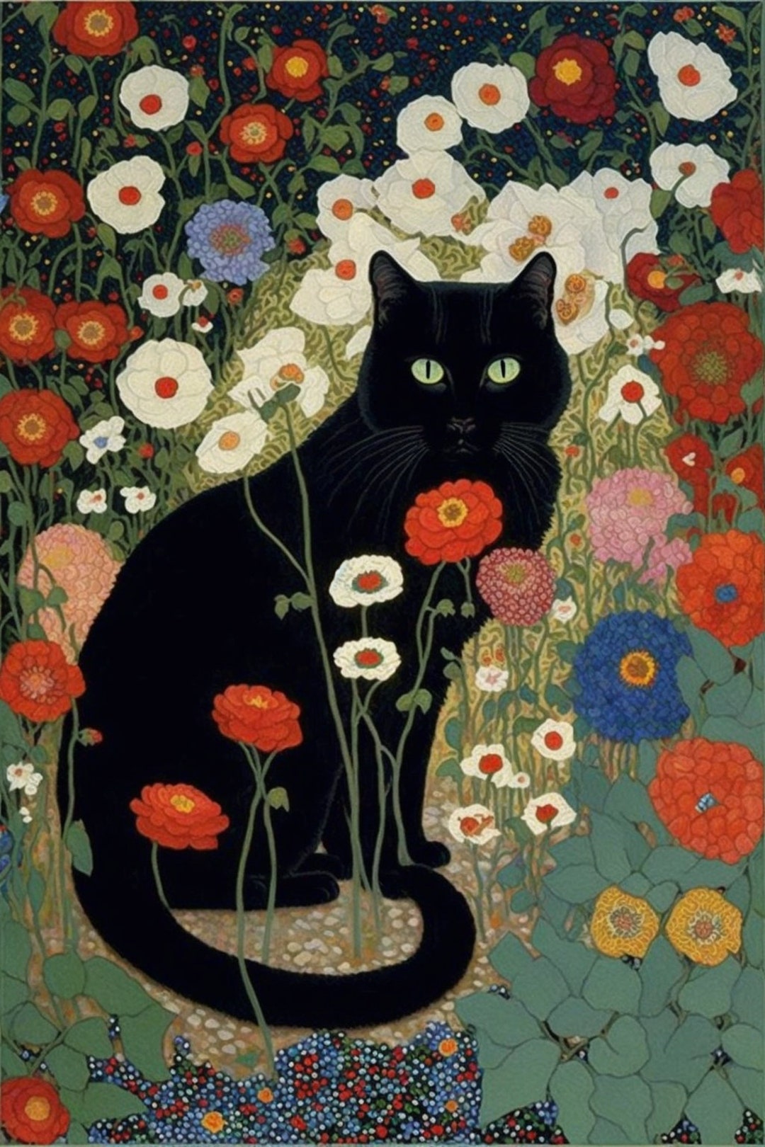Gustav Klimt-inspired Black Cat in Floral Garden Print - Digital ...