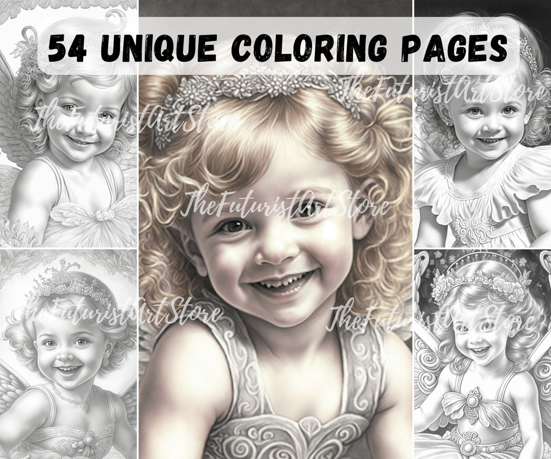 54 Baby Angel Coloring Pages, Grayscale Spring Illustration (digital ...