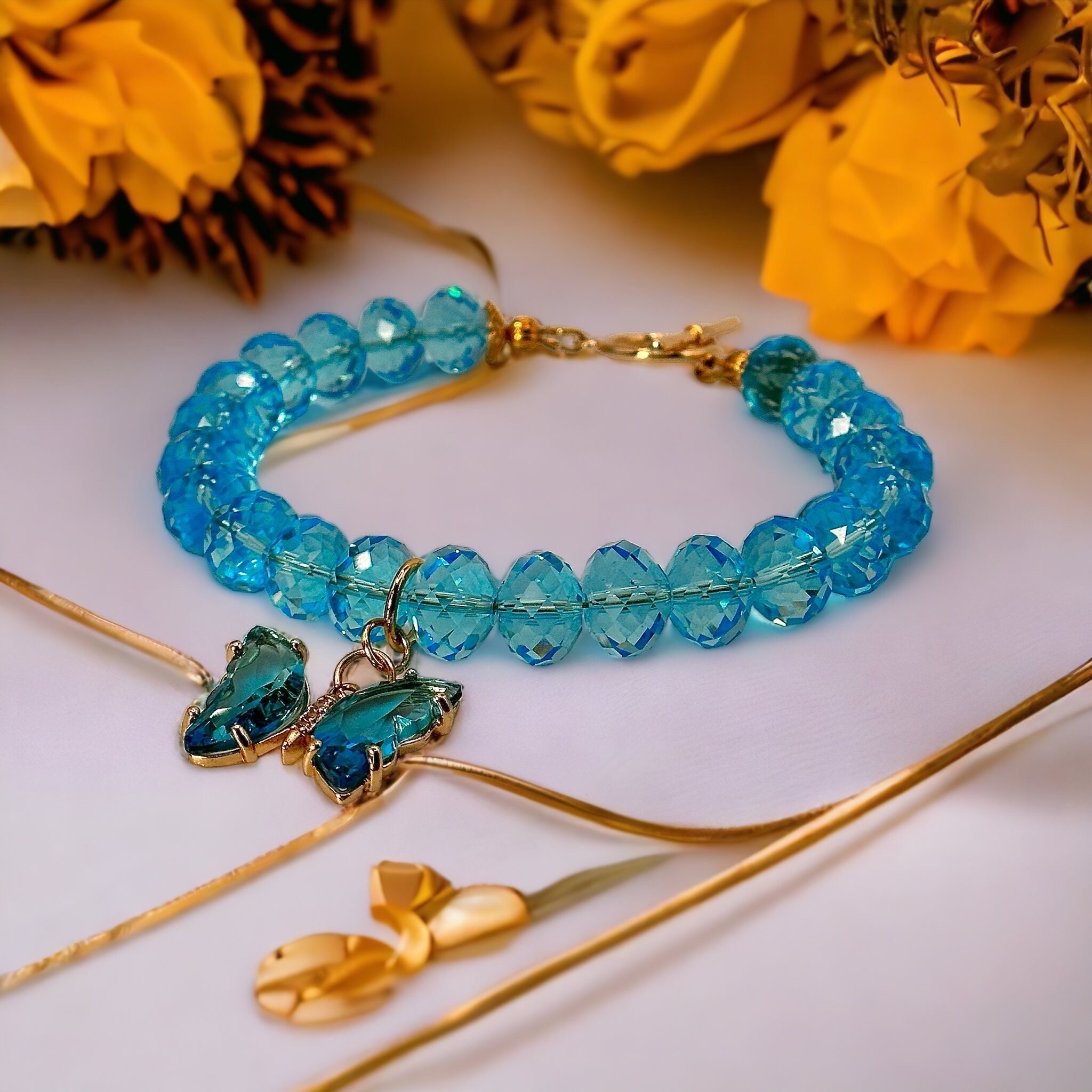 Hope CRYSTAL GLASS Butterfly Bracelet, Butterfly Charm Bracelet, Gold ...