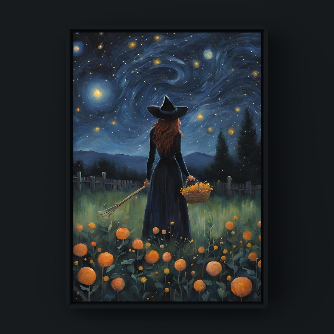 Starry Night Witch Halloween Wall Art Home Decor, Vincent Van Gogh ...