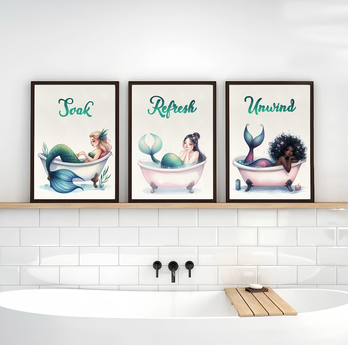 Set of 6 PRINTABLE Digital Prints Bathtub Mermaids, Bathroom Mermaid ...