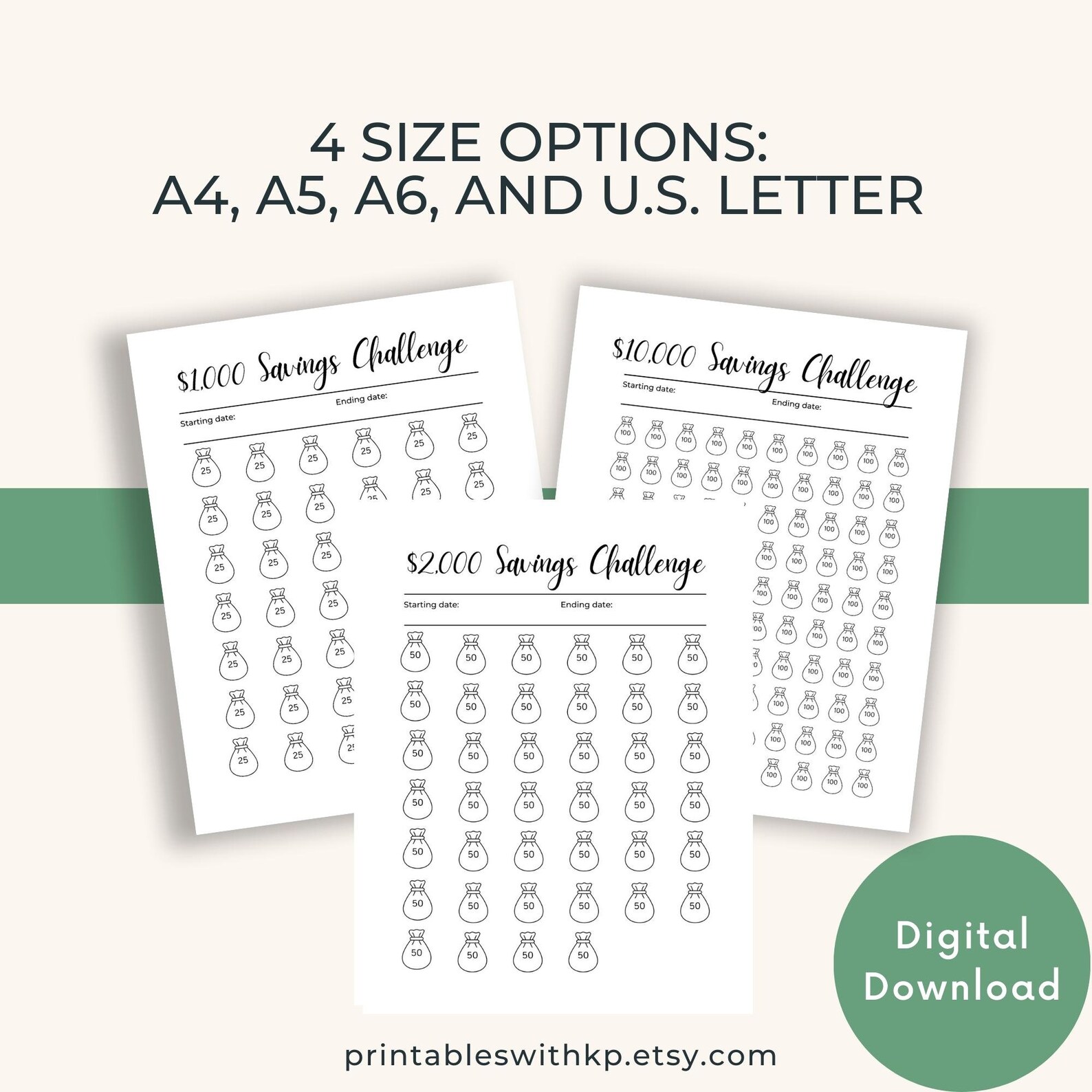 Printable Savings Challenge Tracker Bundle 10k, 5k, 2k, 1k Savings Goal ...