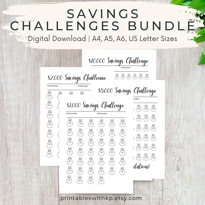 Printable Savings Challenge Tracker Bundle 10k, 5k, 2k, 1k Savings Goal ...