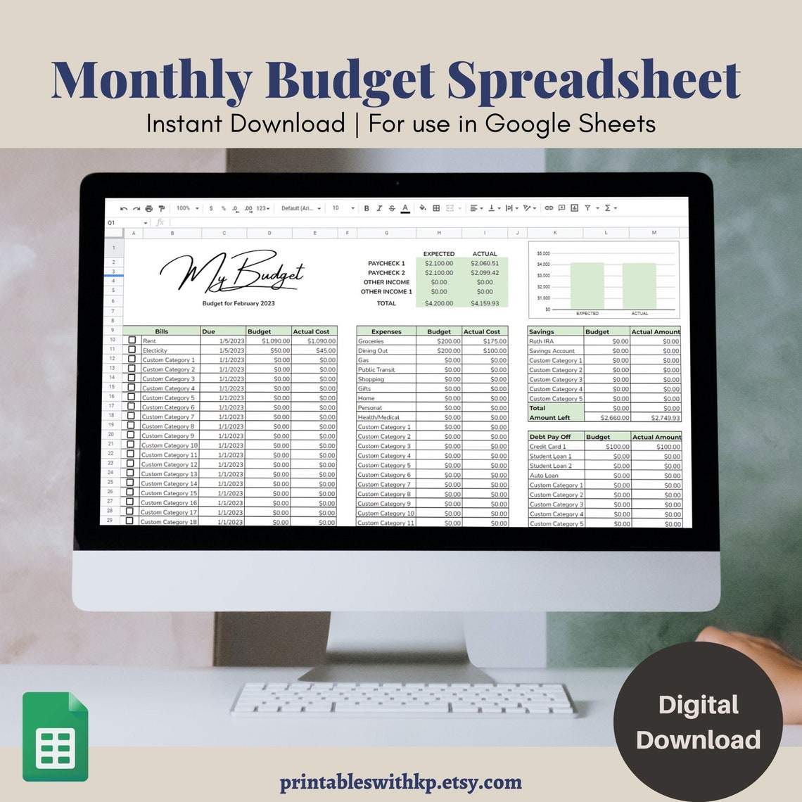 Monthly Budget Spreadsheet Budget Template Budget Tracker Monthly ...