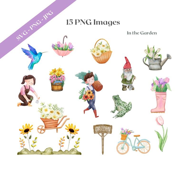 Garden Watercolor Clipart Bundle, Digital Images, Digital Clipart, Cute ...