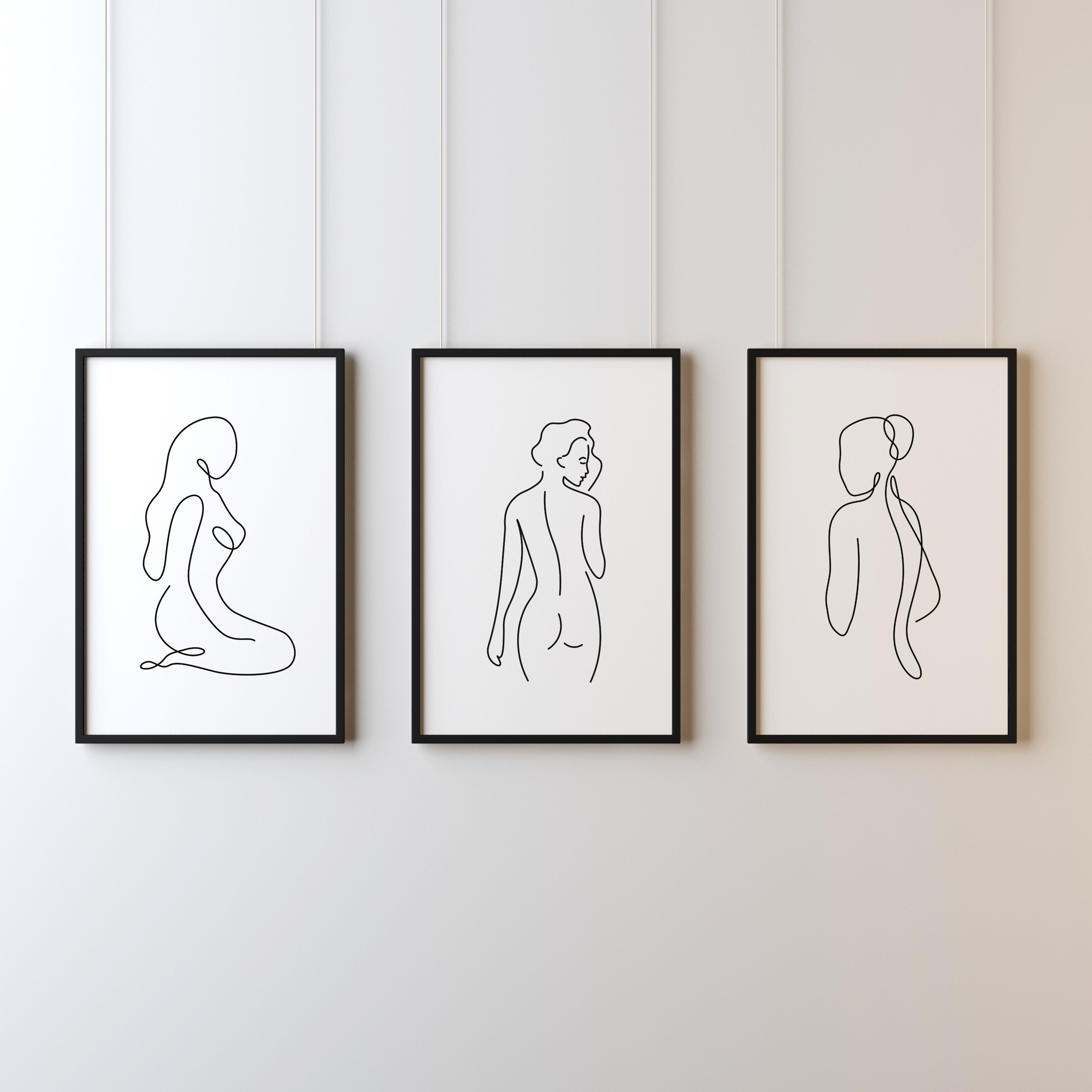 Set Naked Woman Line Art Print Woman Silhouette Wall Art Minimal Woman Art Set Abstract Woman
