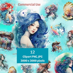 Mermaid Watercolor Clipart, Under the Sea Bundle PNG, Underwater ...