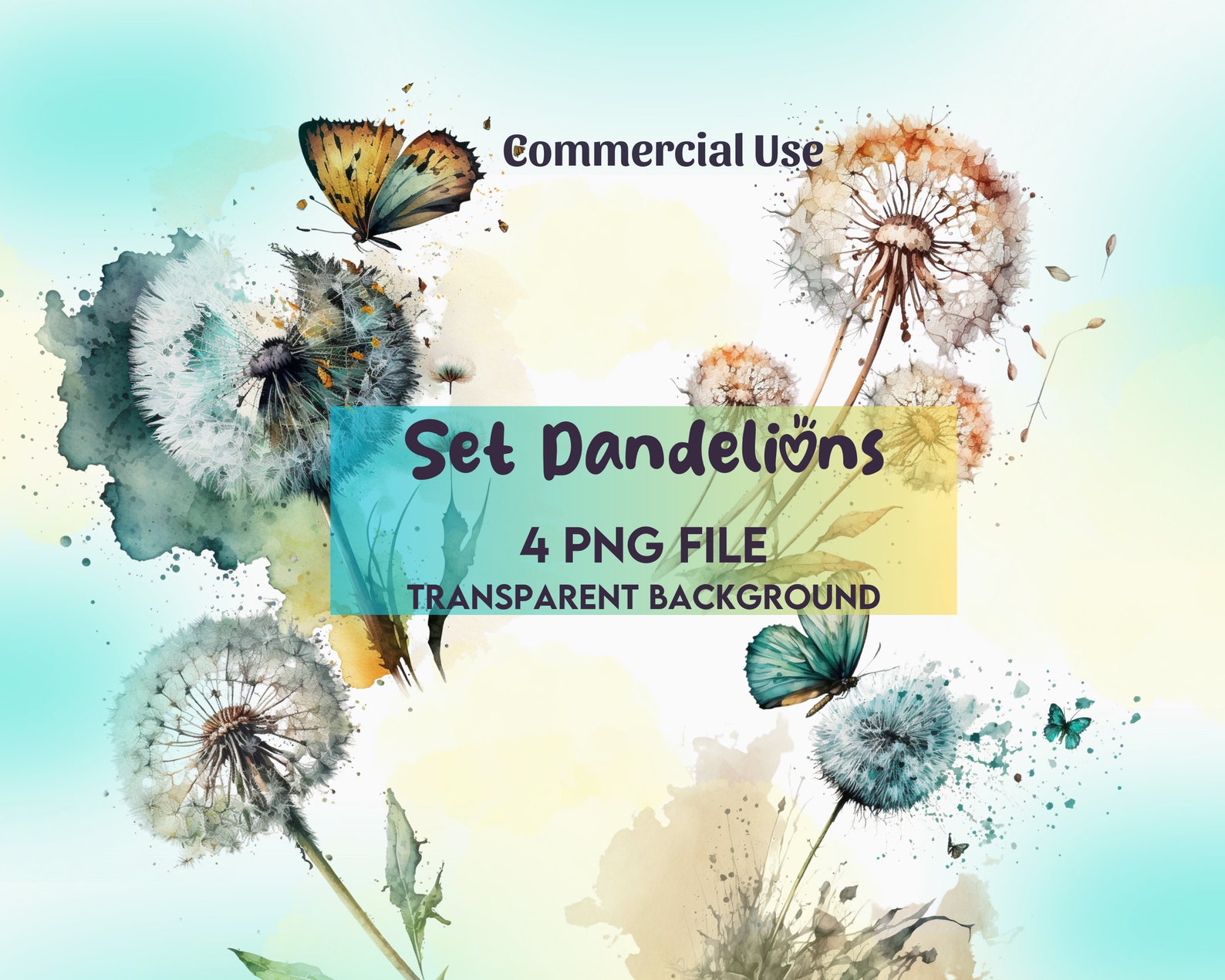 Set of 4 Dandelion Watercolor Digital Images, PNG, JPG, Clipart, Great ...