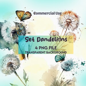 Set of 4 Dandelion Watercolor Digital Images, PNG, JPG, Clipart, Great ...