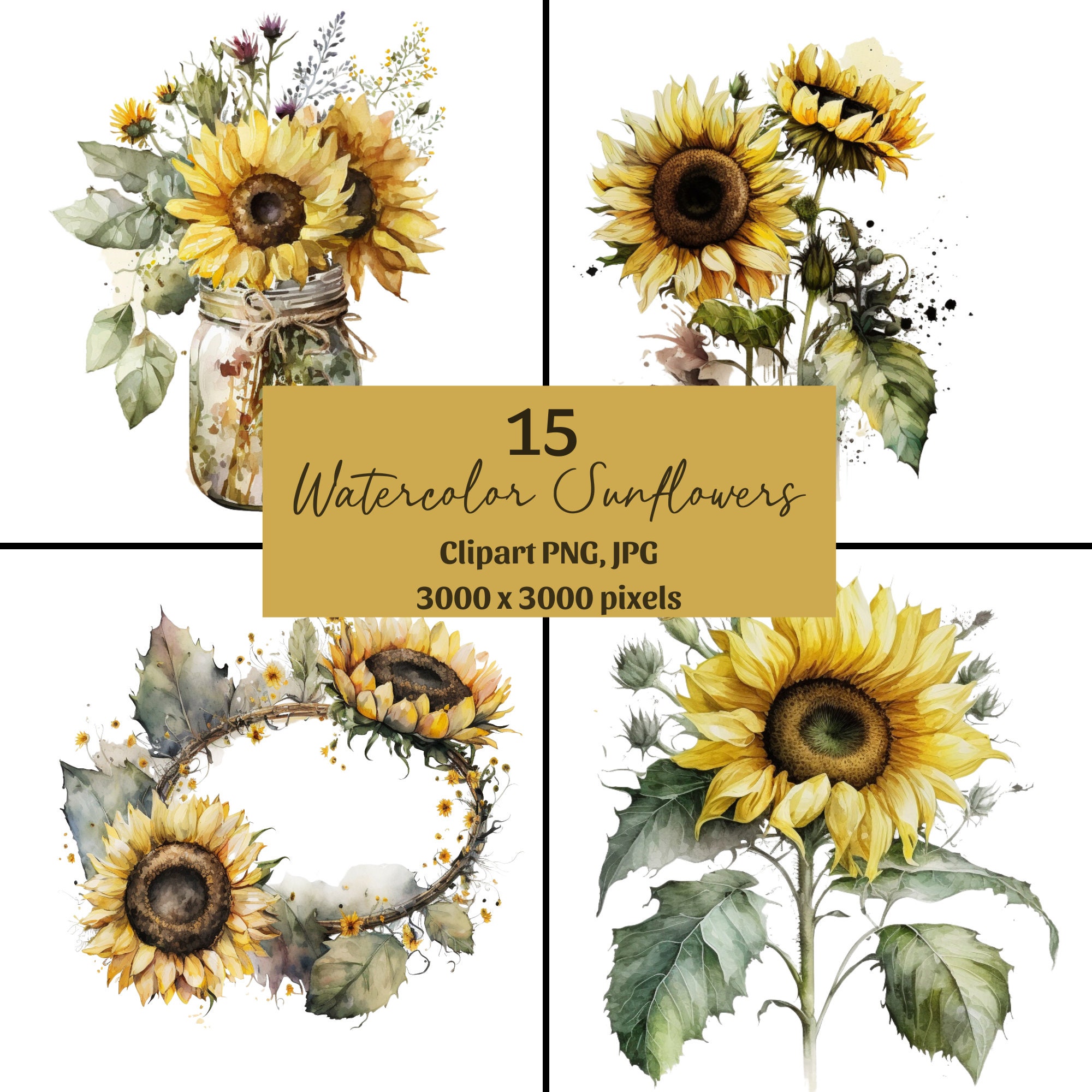 Watercolor Clipart Sunflowers, Floral Bouquets, PNG Format, Digital ...