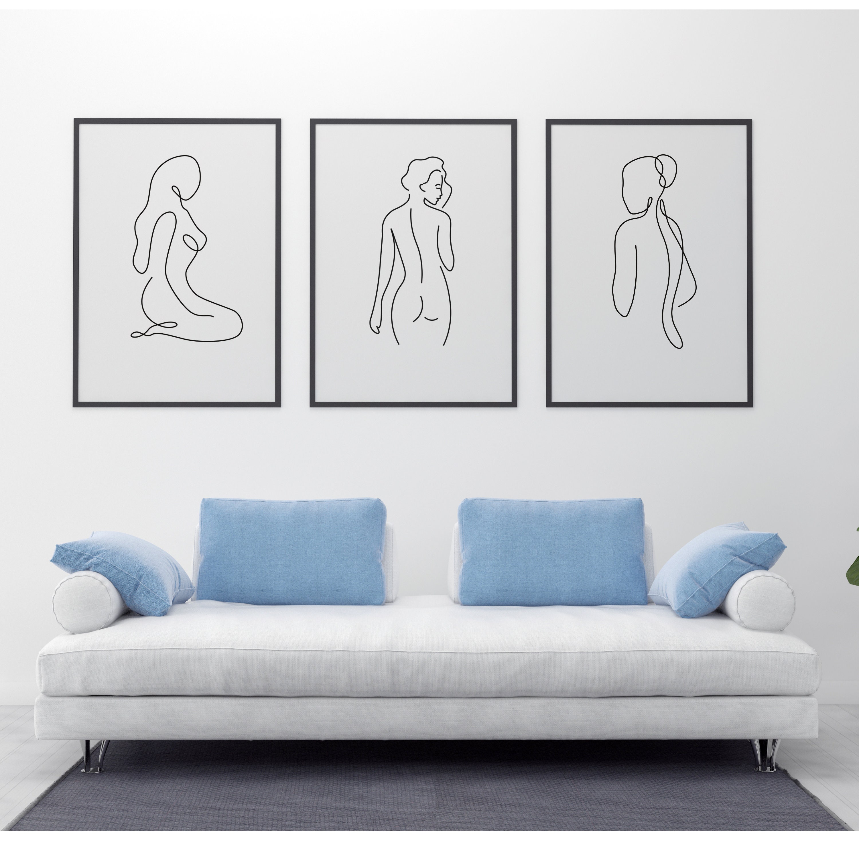 Set Naked Woman Line Art Print Woman Silhouette Wall Art Minimal Woman Art Set Abstract Woman