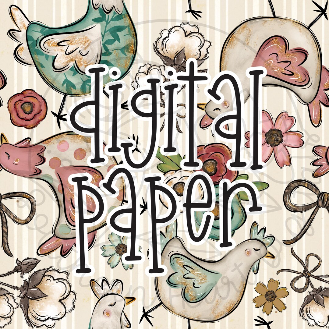 Floral Chicken Hen Southern Boho Cotton Doodle Seamless Digital Paper ...