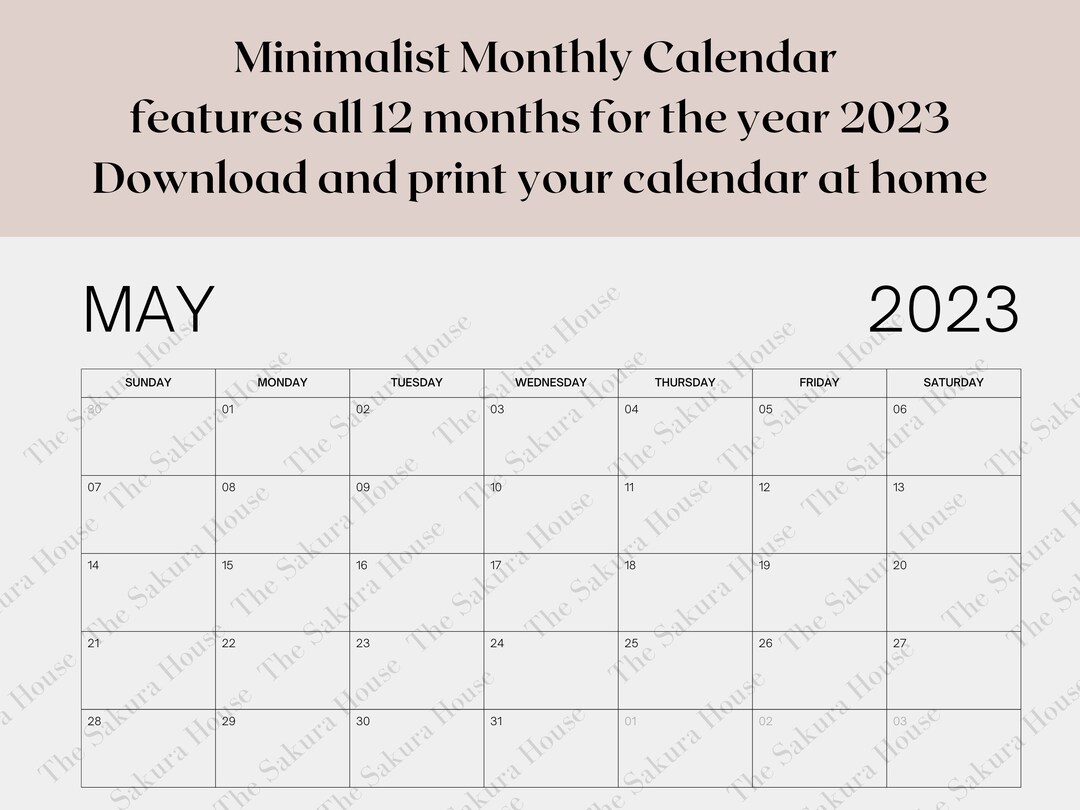 Instant Download 2023, Monthly Calendar, Minimalist Design, Printable ...