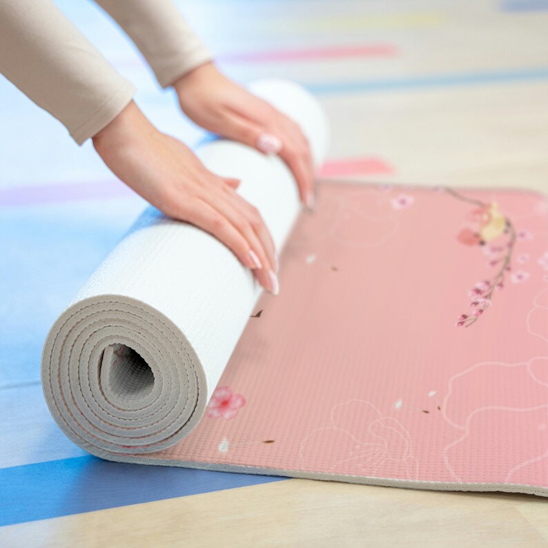 Girls Foam Yoga Mat Pink Cherry Blossom, Birds & Senecio, Lightweight ...