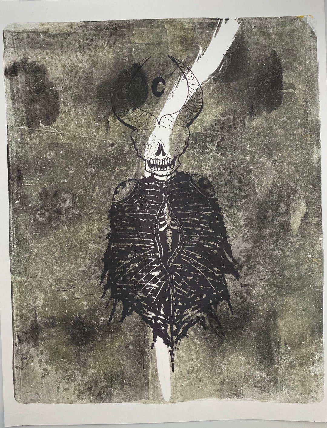 Demon Priest Cloaked Monster Demon Monoprint Mystery Horned Beast Ink ...