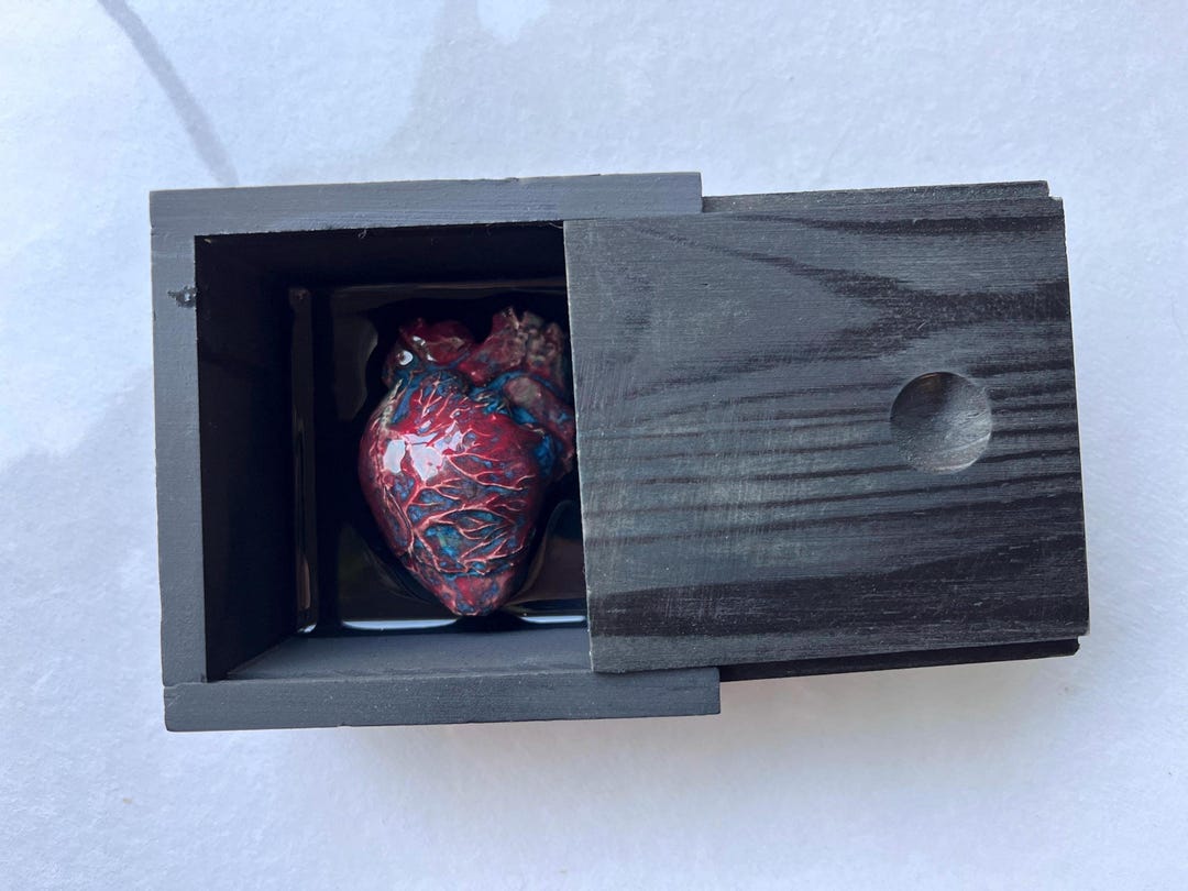 Heart Shrine Wood Box Anatomical Heart RED BLUE Resin Heart Wood Box ...