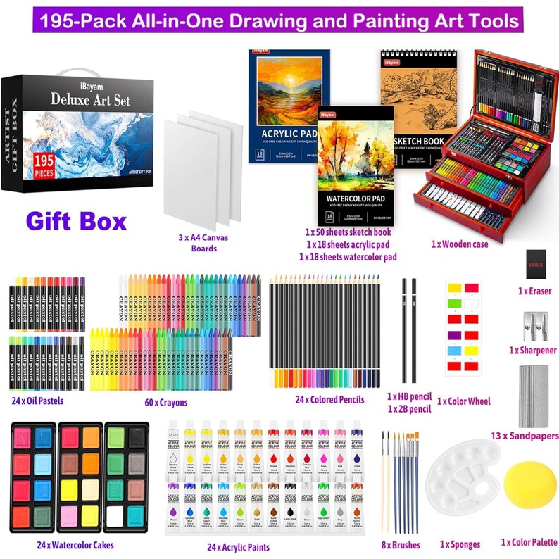 195 Piece Deluxe Art Set With Drawing Pads, Professional Art Kit, Art ...