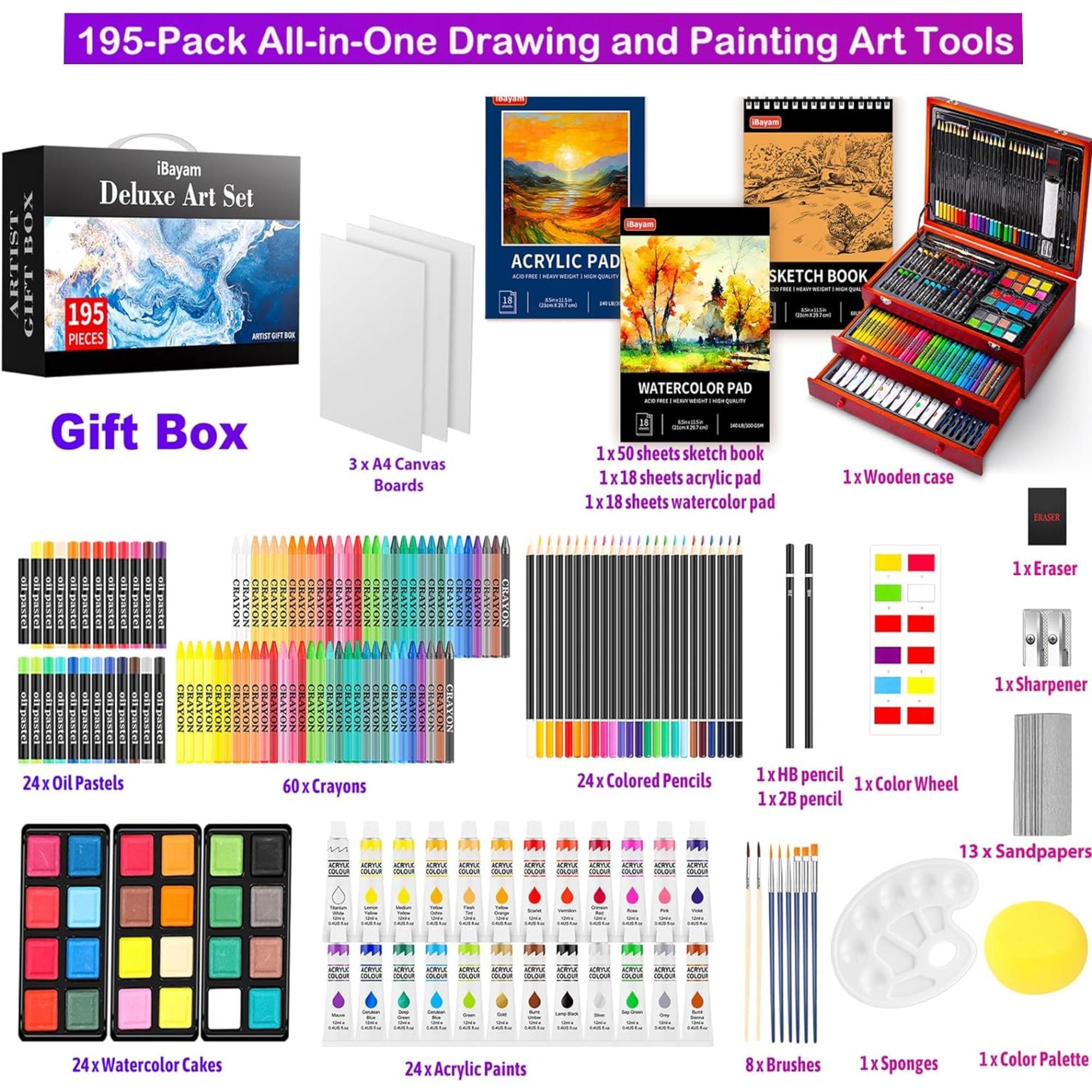 195 Piece Deluxe Art Set With Drawing Pads, Professional Art Kit, Art ...