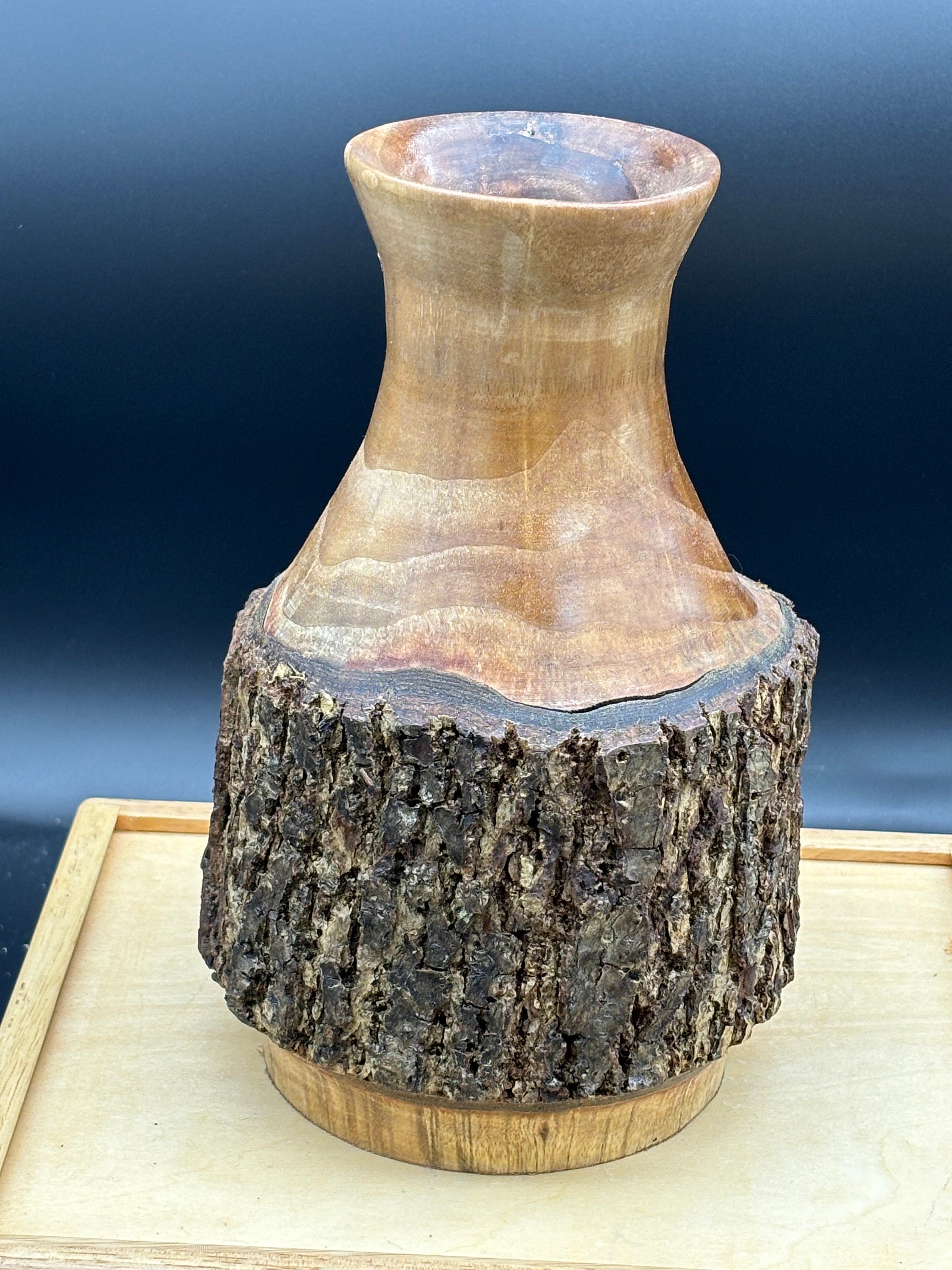 Medium Walnut Woodturned Vase With Natural Bark - Etsy