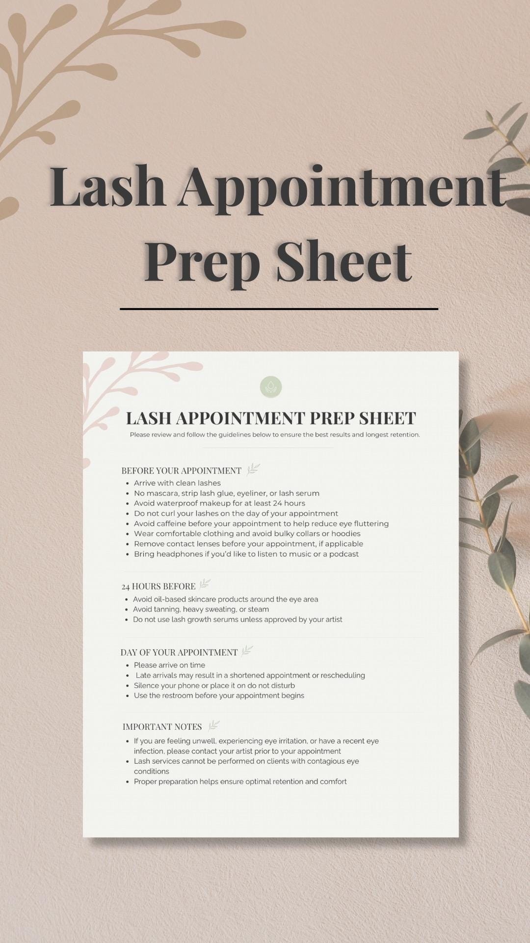 Lash Appointment Prep Sheet | Client Preparation Guide | Printable PDF ...