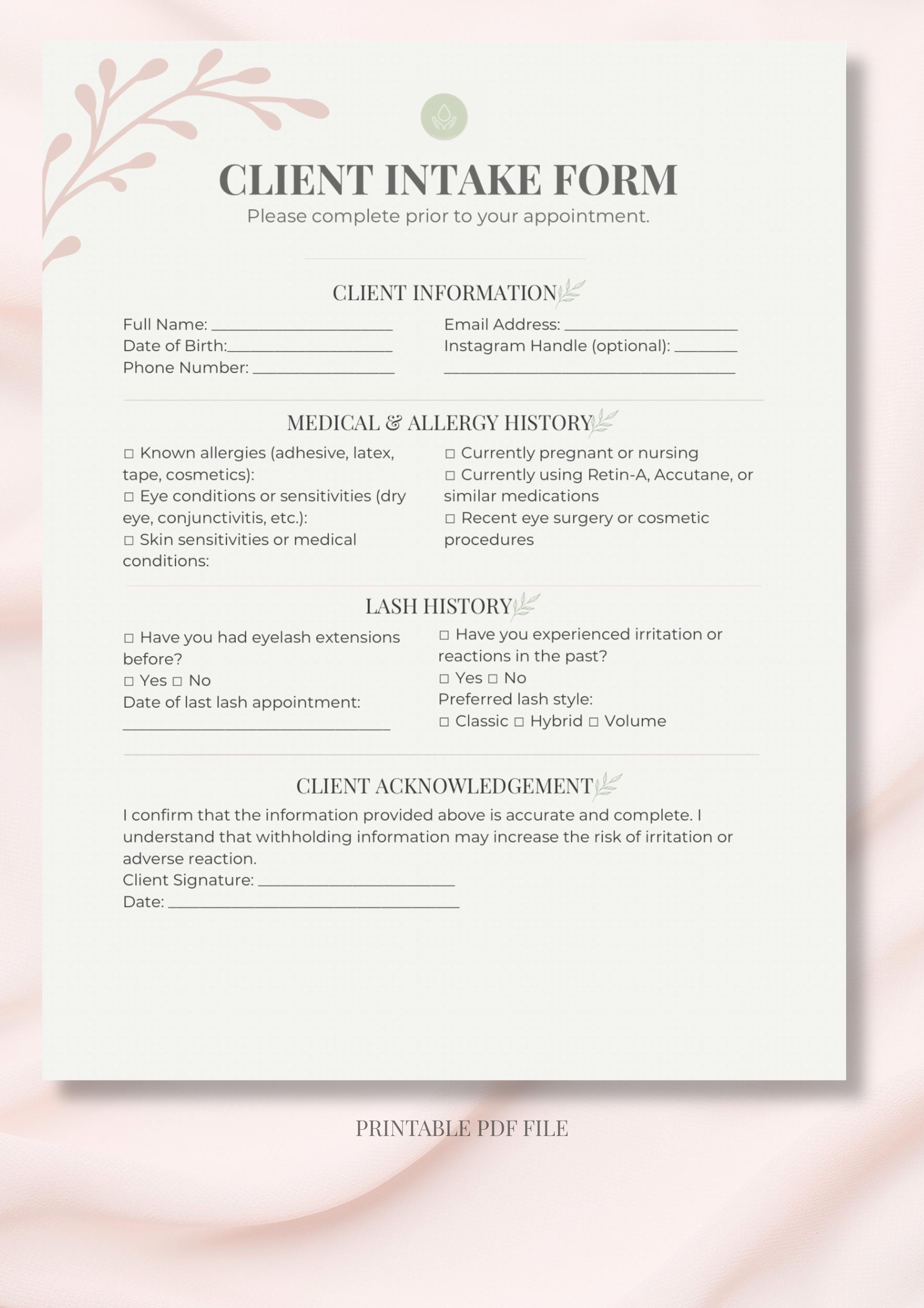 Printable Client Intake Form for Lash Artists (PDF File) - Etsy