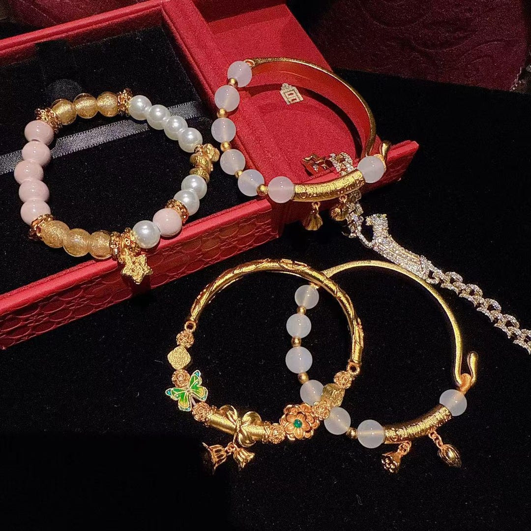 Ancient Gold Engraved Motto Crystal Pearl Bracelet | New Chinese Style ...