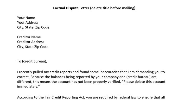 Factual Dispute Letter Template for Credit Bureaus - Credit Repair DIY ...