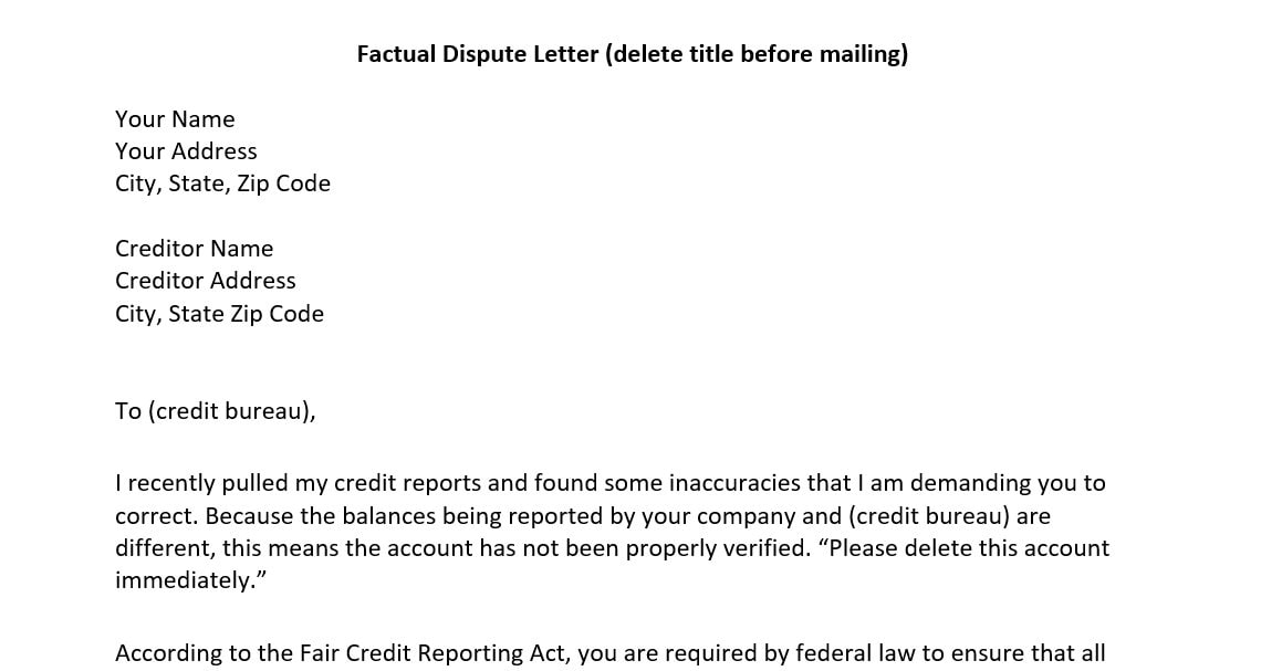 Factual Dispute Letter Template for Credit Bureaus - Credit Repair DIY ...