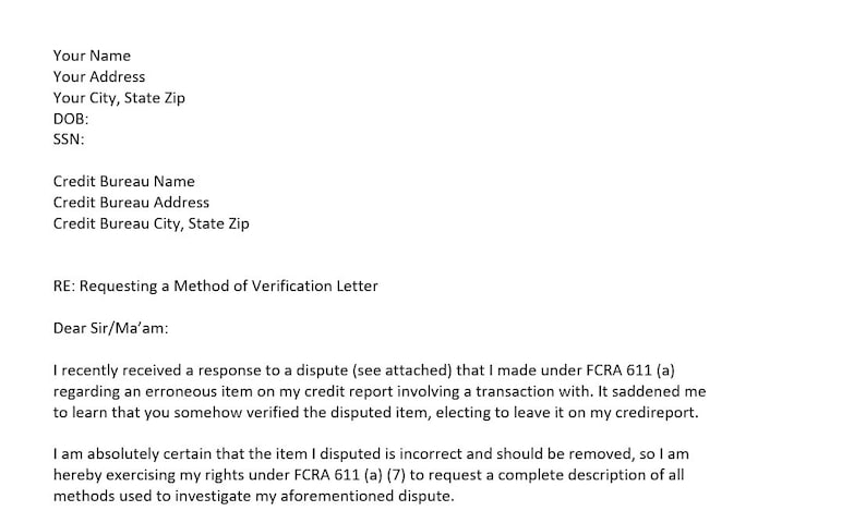 Method of Verification - Dispute Letter Template for FCRA 611 - DIY ...